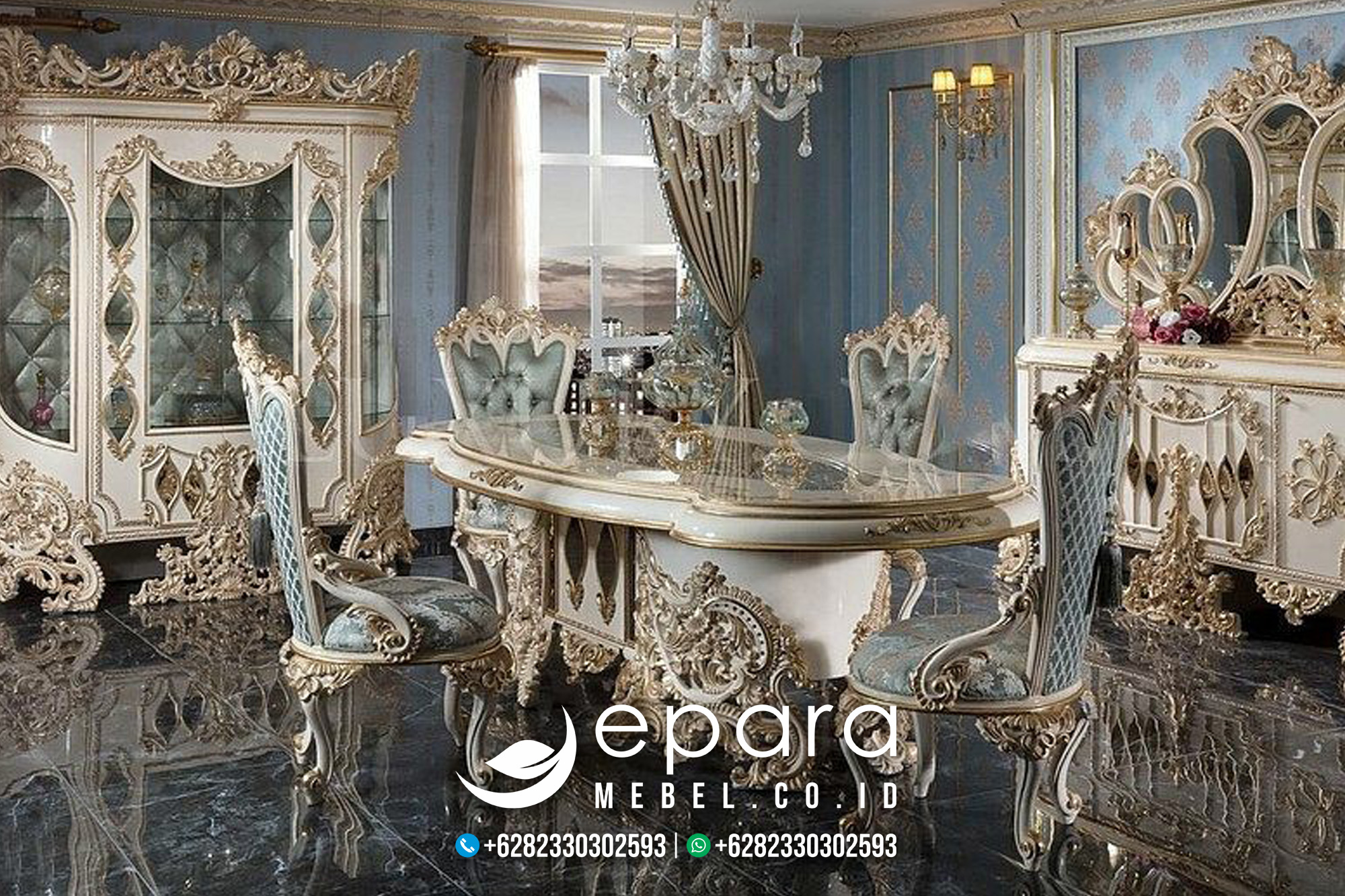 Design Meja Makan Set Kursi Klasik Mewah Luxury JM-1503 | Jepara Mebel