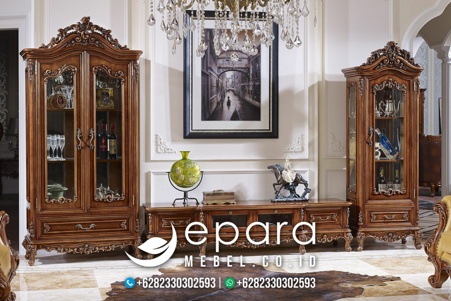 Jual Set Lemari TV Hias Klasik Natural Ukir JM-2188 - Jepara Mebel