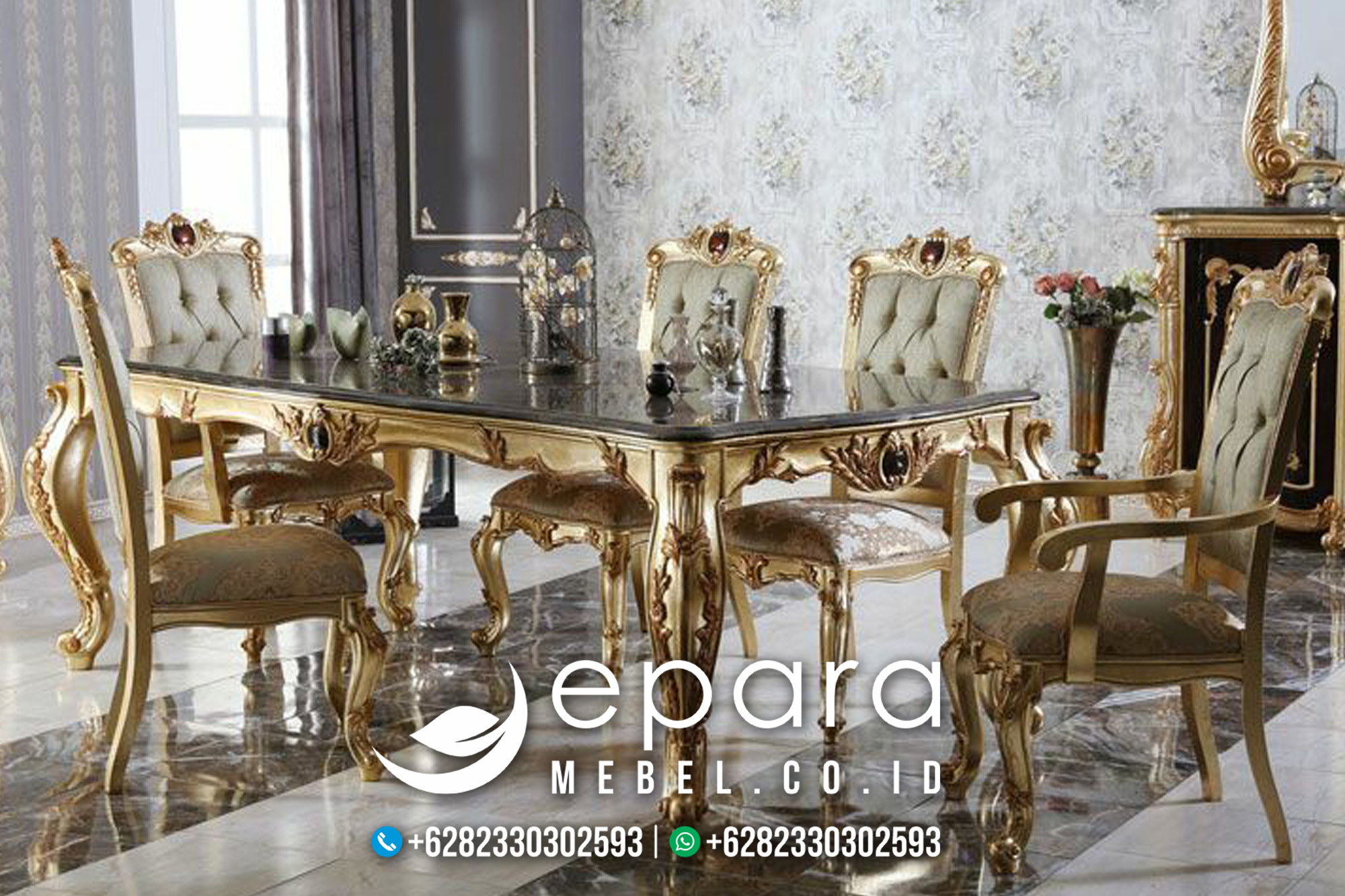 1 Set Meja Makan Jati Model Klasik Gold Mewah JM-2115 | Jepara Mebel