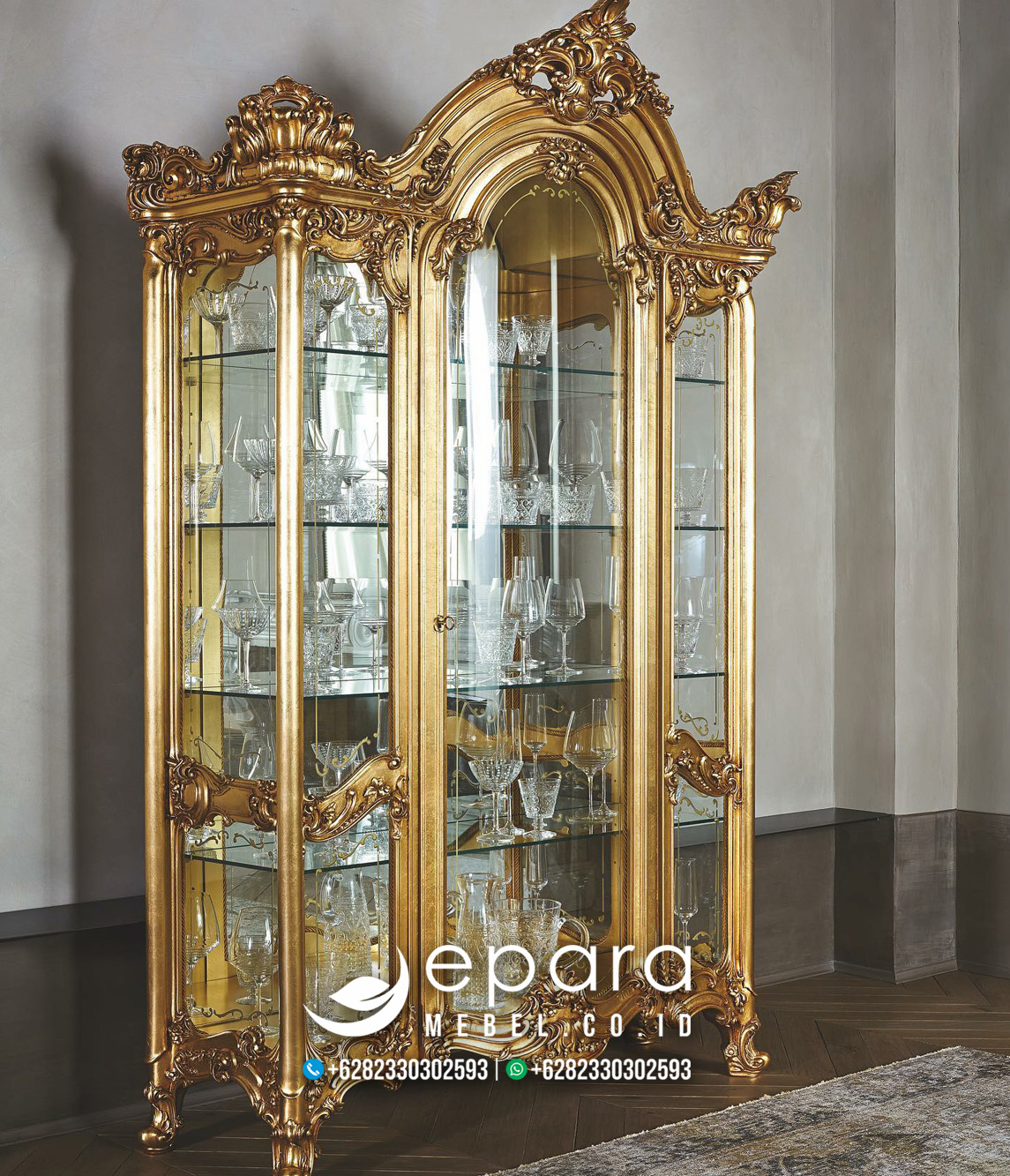 Jual Rak Kaca Hias Ruang Tamu Gold Klasik Mewah JM-2804 | Jepara Mebel