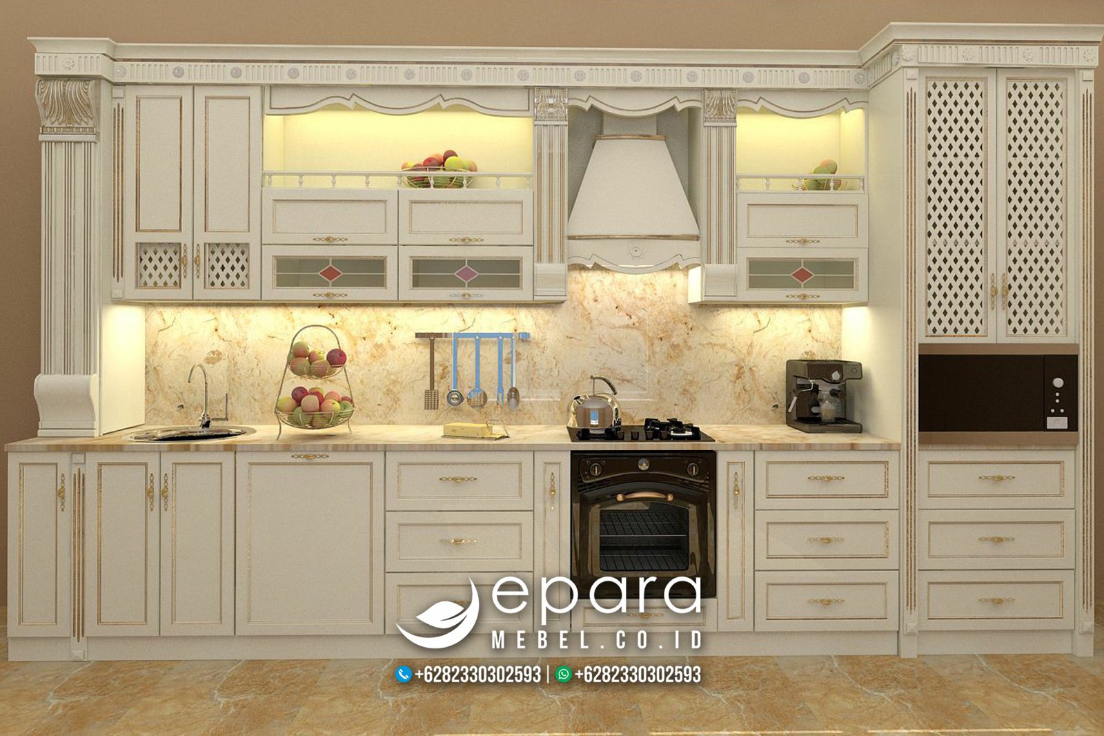 Model Lemari Dapur Klasik Putih Gold Mewah JM-3101