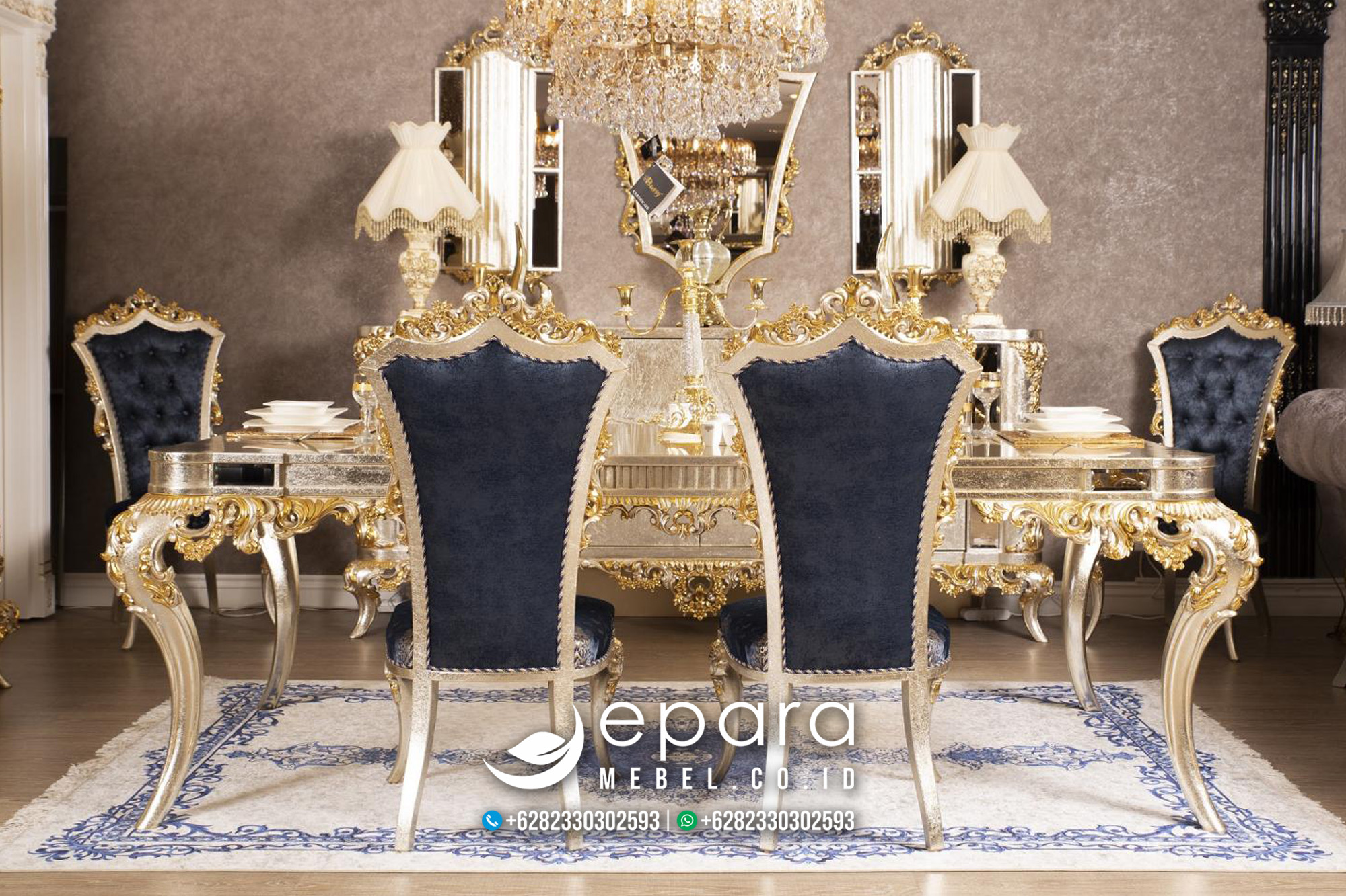 Jual Meja Makan Set Gold Kombinasi Klasik Mewah JM-3459 - Jepara Mebel