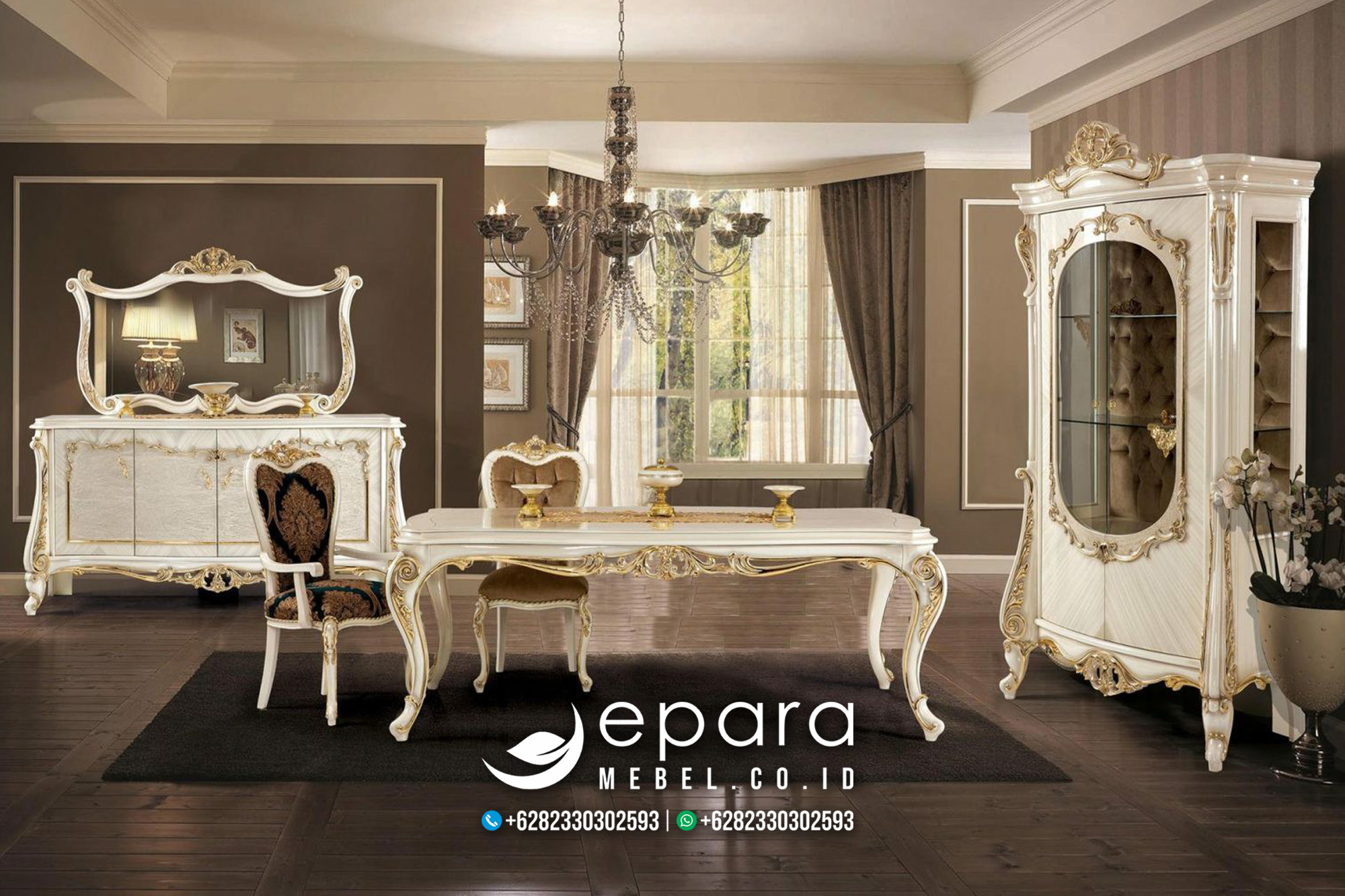 Desain Set Meja Makan Ukiran Putih Mewah JM-3855 - Jepara Mebel